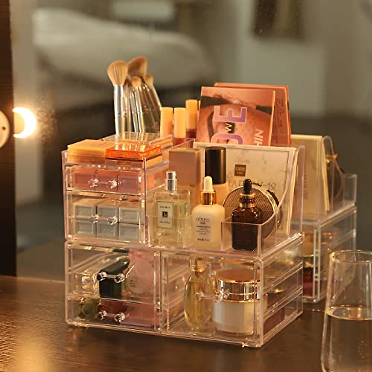 PENGKE Clear Makeup Organizer With Drawers,Stackable Cosmetic Storage Display Case for Vanity, Bathroom Counter or Dresser,Countertop Holder for Lipstick,Brushes,Eyeshadow,Nail Polish and Jewelry