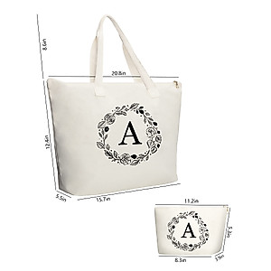Binggemen Personalized Initial Canvas Tote Bag with Zipper, Present Bag with Inner Pocket & Make Up Bag, Great Gifts for Women, Mom, Teachers, Friends, Bridesmaids