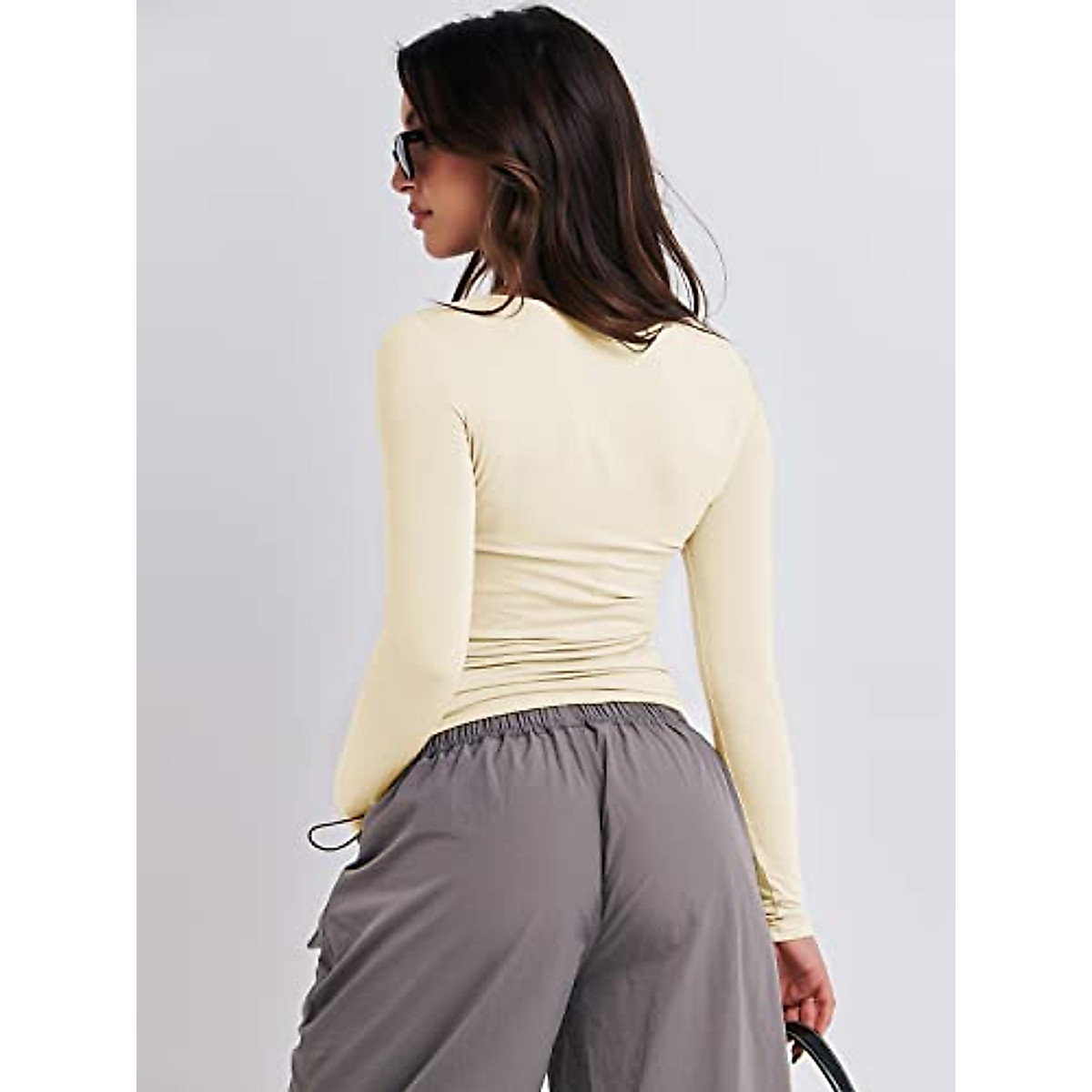 ANRABESS Women Long Sleeve Slim Fit Crop Top Going Out Tight Y2K Tshirt Trendy Basics Tees Streetwear Workout Athletic 2023 Fashion Clothes 1029xingse-S Apricot