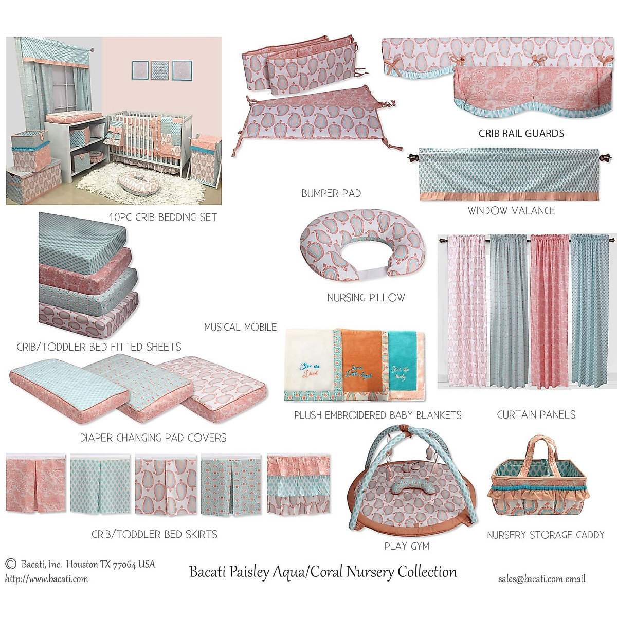 Bacati - Paisley Kids Storage (Laundary Hamper with Wooden Frame and Mesh Liner, Coral/Aqua)