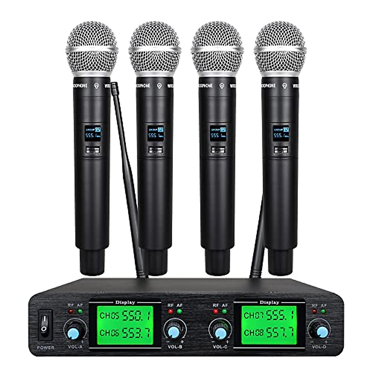Tbaxo 4 Channel Wireless Microphone System 4 Handheld Mic UHF Karaoke DJ Singing Meeting Party New Wedding Church Conference Speech 3 Years Free Warranty Fixed Frequency Long Range