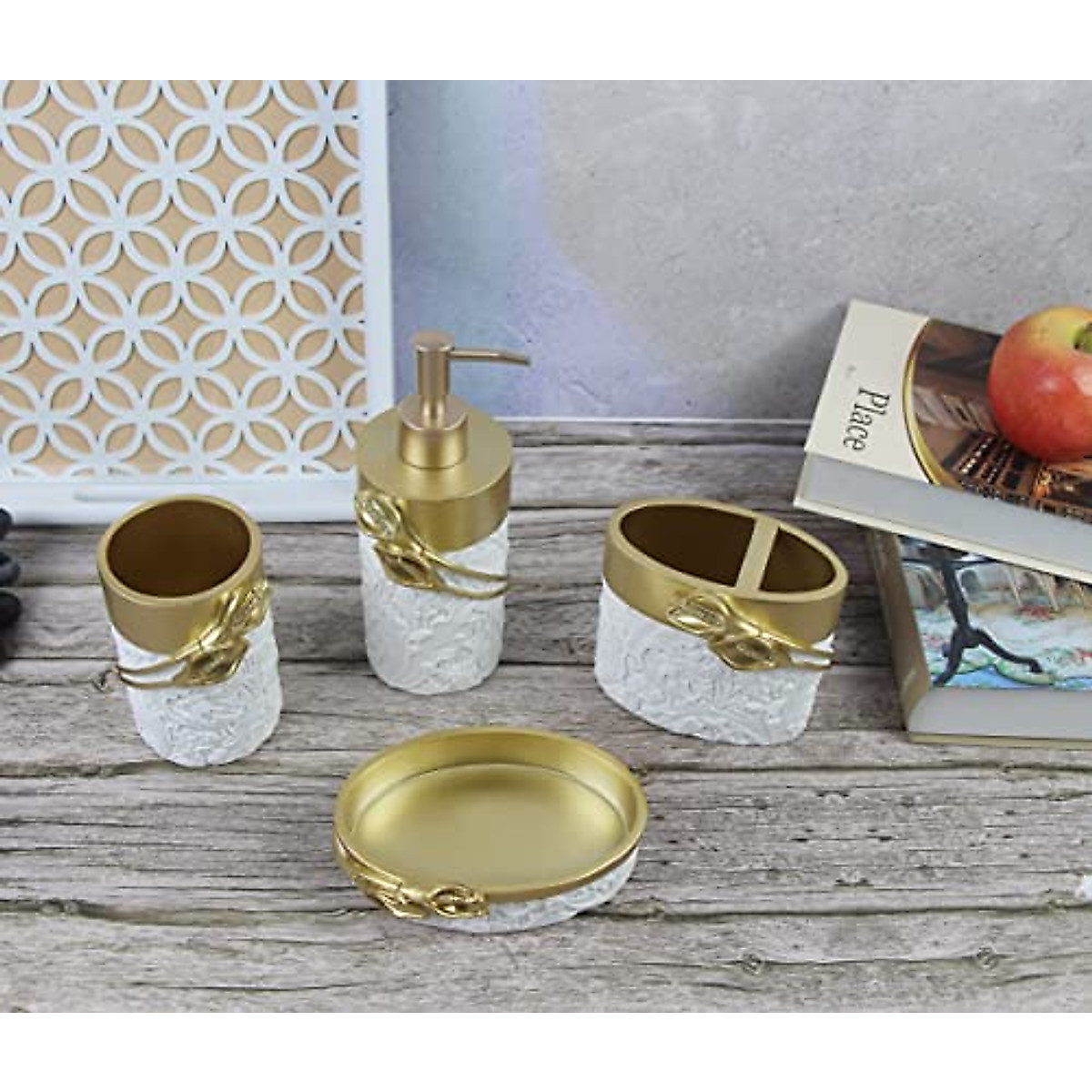 Hymmah Bathroom Accessories Set,Golden Design Toothbrush Holder,Farmhouse Bathroom Decor,4 Pcs Resin Gift Set Apartment Necessities, Contain Toothbrush Cup,Soap Dispenser,Soap Dish,Tumbler