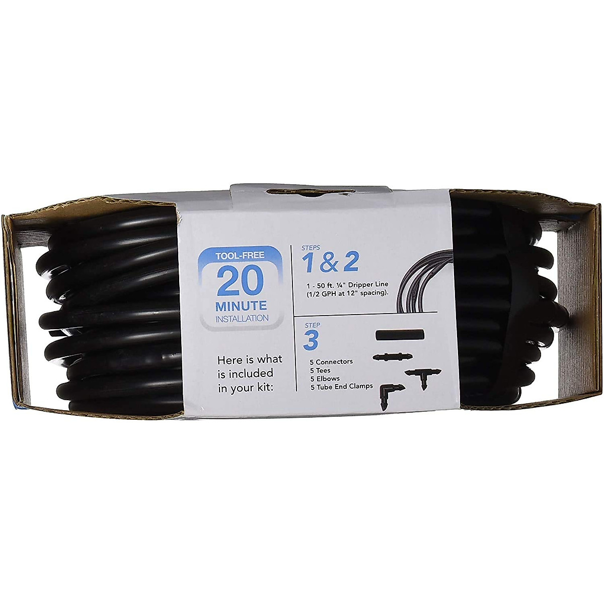 Raindrip R280DT Drip-A-Long™ 1/4 in. Dripline Kit includes 50 feet of 1/4-Inch Dripline preassembled with 1/2 GPH drippers, 5 Barbed Tees, 5 Barbed Elbows, 5 Barbed Couplings, 5 End Plugs