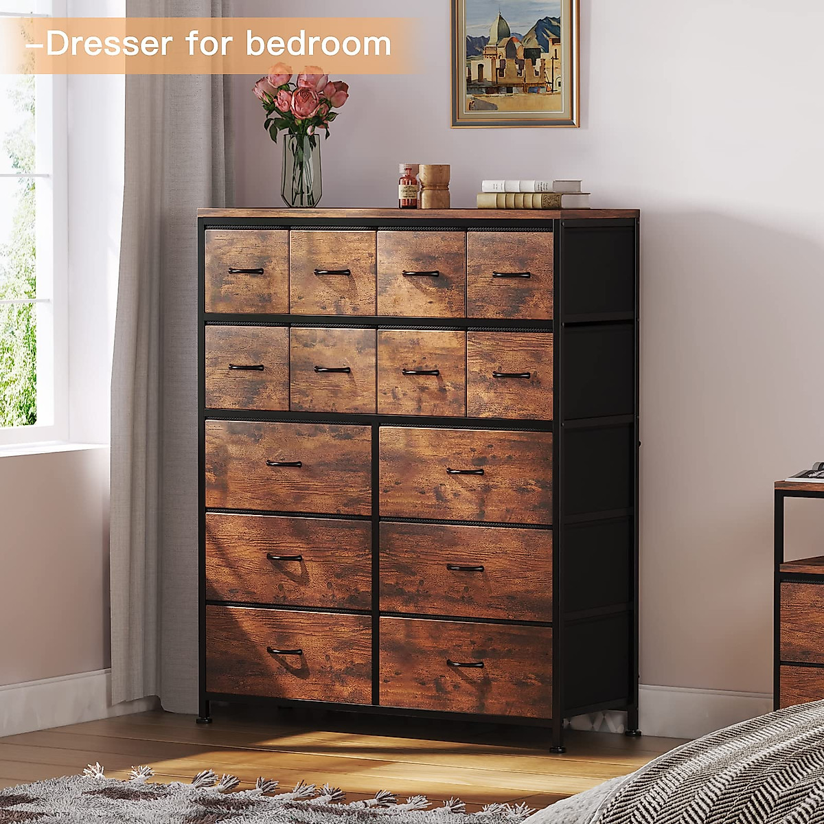 LIVEHOM 14 Dresser Drawer for Bedroom, Tall Dresser with Fabric Storage Drawer, Large Dressers & Chest of Drawers for Kid Room, Closet, Living Room, Entryway (Rustic Brown)