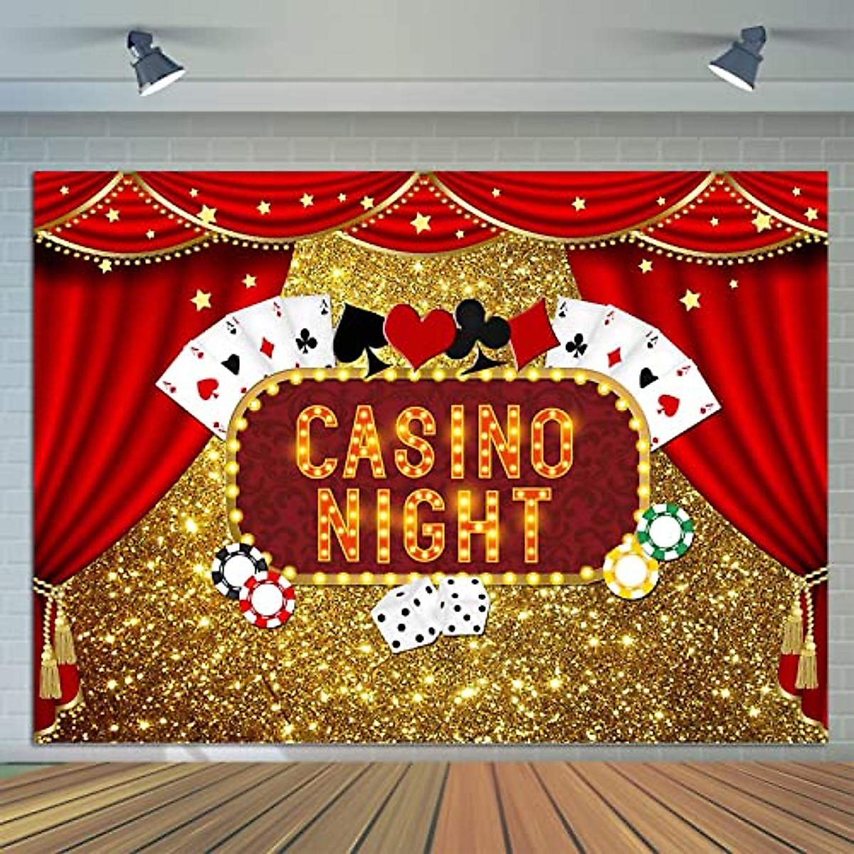 Vinyl 8X6FT Casino Night Poker Dice Red Curtains Photography Backdrop Gold Glitter Bokeh Photo Background Birthday Party Banner Decorations Banner Photo Booths Studio Props Dessert Table