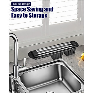 CLNGAI Roll Up Dish Drying Rack,Expandable Over The Sink Dish Drainer,Stainless Steel Kitchen Rolling Sink Rack with Utensil Holder,Length Up to 22.3" (Black)