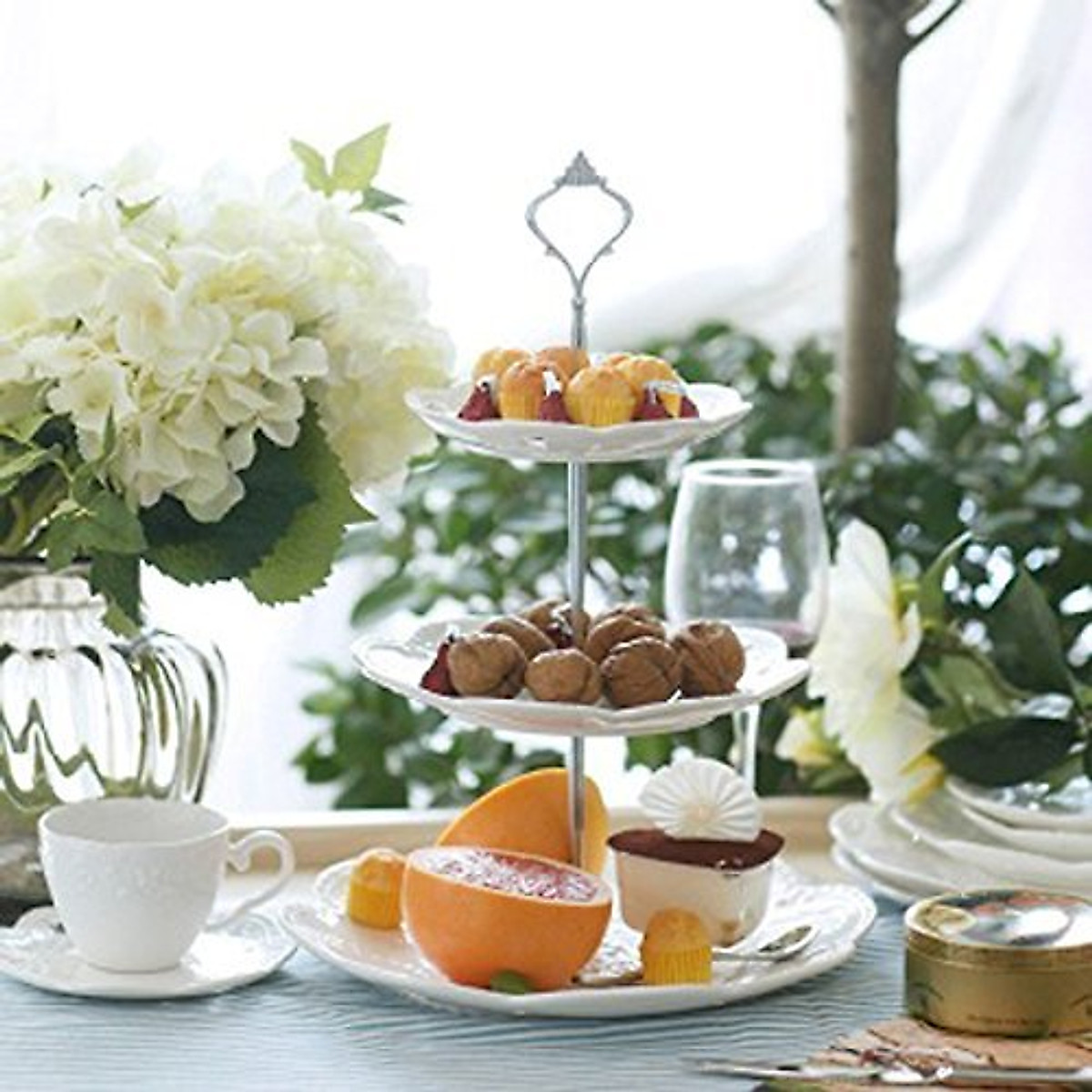 Cupcake Stand- Jusalpha 3-Tier White Porcelain Cake Stand Dessert Stand-Cupcake Stand-Tea Party Serving Platter, Comes in a Gift Box- Free Sugar Tong