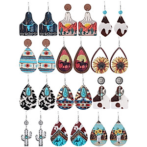 12 Pairs Western Earrings Set for Women Boho Cowgirl Vintage Turquoise Print Leather Wood Teardrop Dangle Bohemian Cowboy Earring Jewelry