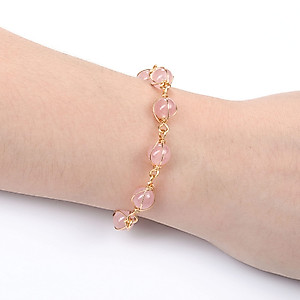 Top Plaza Natural Rose Quartz Crystal Bracelets Healing Crystal Stone Bead Bracelet 14K Gold Plated Ankle Bracelets Healing Quartz Jewelry for BF Mom Wife Birthday Christmas Gifts
