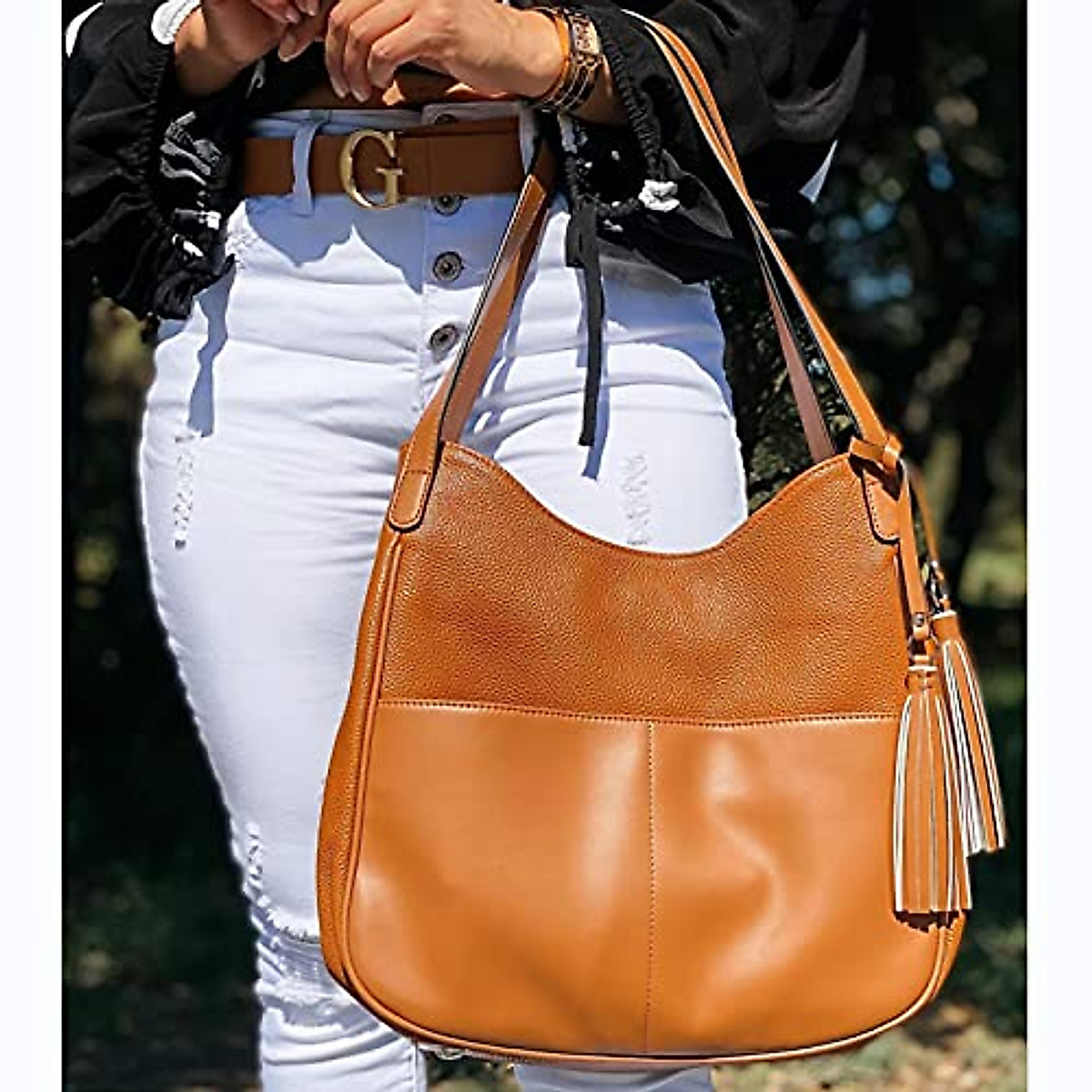 S-ZONE Women Shoulder Bag Leather Hobo Purse Medium Handbag Multi-pocket Tote with Tassel