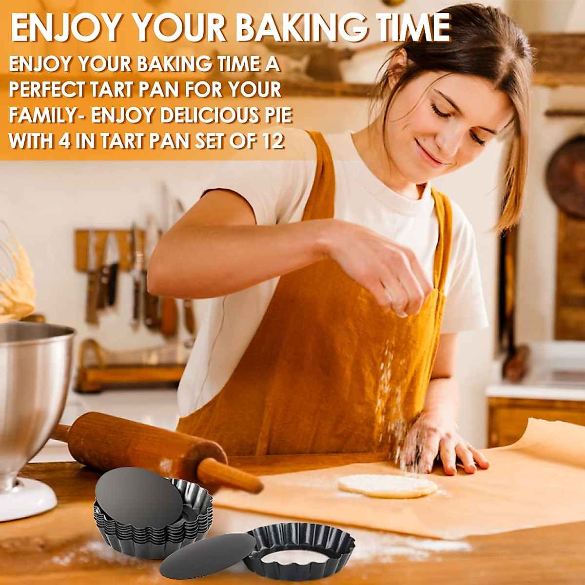 Cyimi Mini Tart Pan Set of 12, Non-Stick 4 Inch Quiche Pan, Removable Bottom Tart Pan for Pies, Quiche Bakeware, Cheese Cakes, Desserts and more