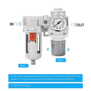 NANPU 1/2" NPT Compressed Air Filter Regulator Combo Piggyback, 5 Micron Element, Poly Bowl, Semi-Auto Drain, Bracket, Gauge (ARF4000)