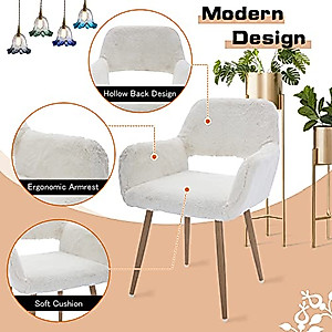 HomVent Modern Faux Fur Vanity Chair Elegant White Furry Makeup Desk Chairs for Girls Women Comfy Fluffy Arm Chair with Wood Metal Legs Cute Desk Chair for Bedroom Living Room Home Office Makeup