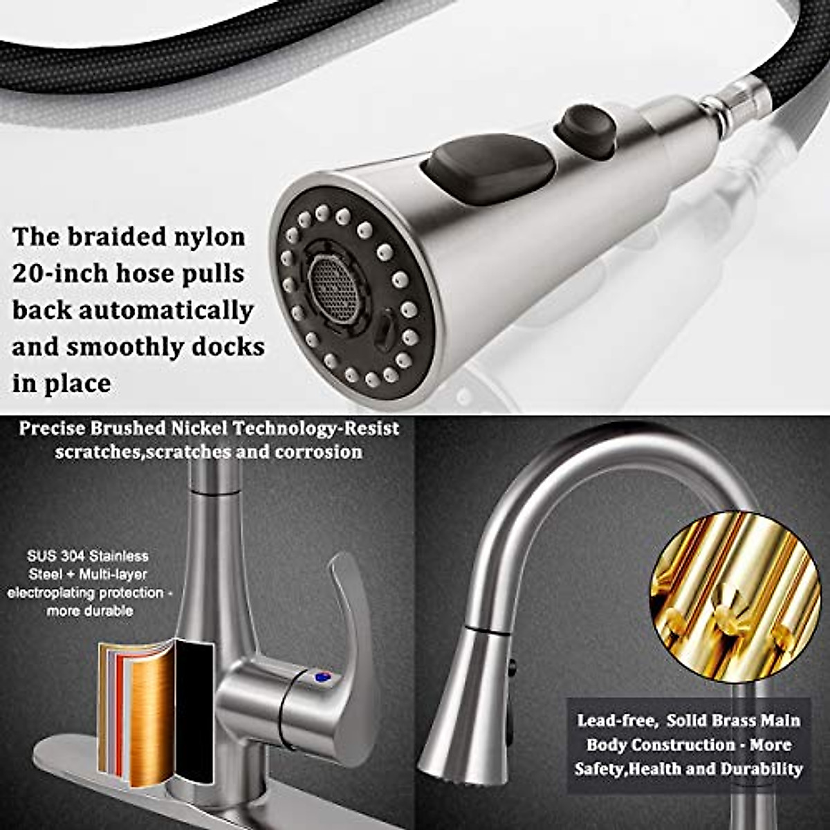 Motion Sensor Automatic Kitchen Faucet Touchless, monbar Pull Down Single Handle One/3 Hole 3 Setting Sprayer Brushed Nickel Solid Brass Kitchen Faucets Spot Free Lead-Free