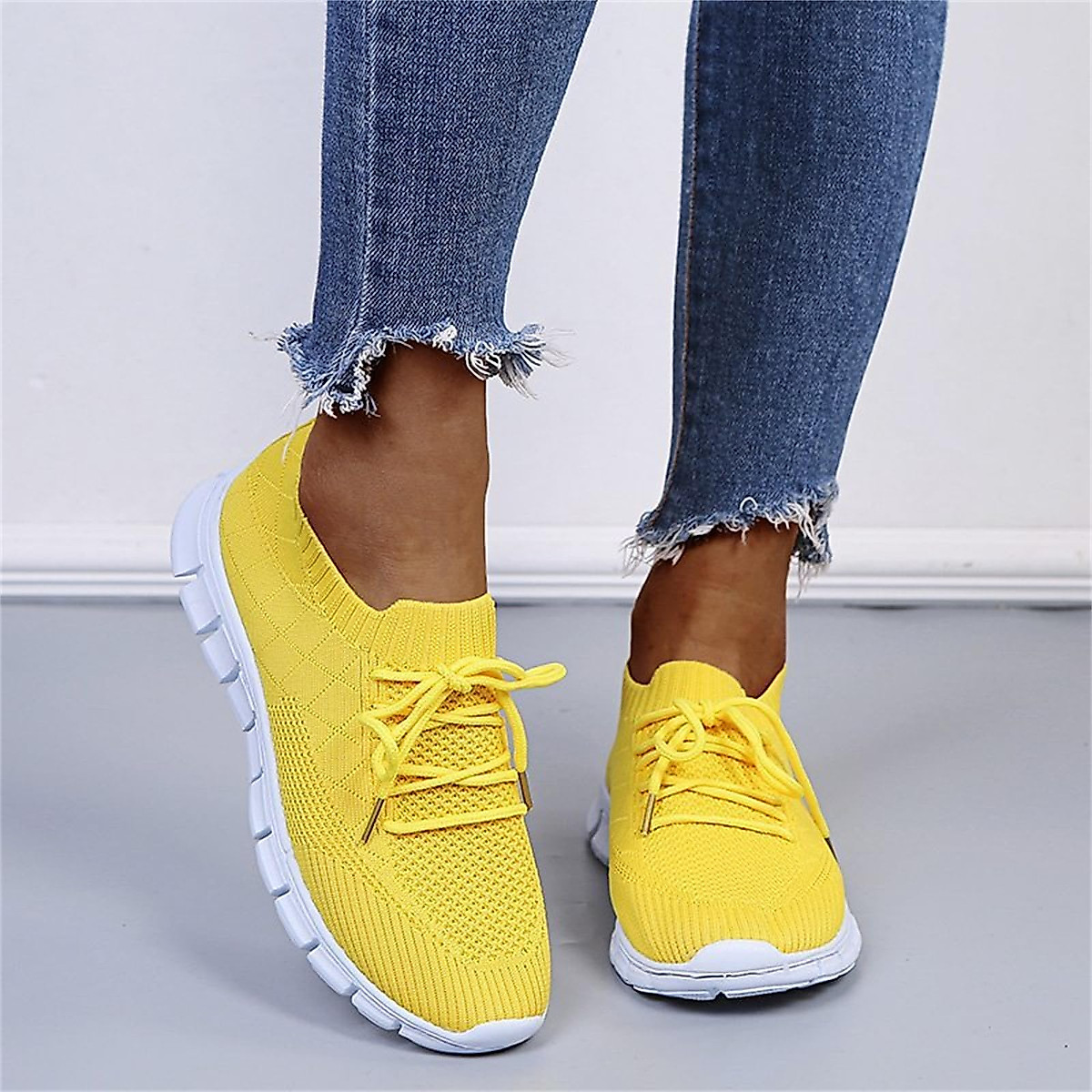 Lausiuoe Womens Shoes for Plantar Fasciitis Support Slip On Breathable Mesh Walking Shoes Women Fashion Sneakers Comfort Non Slip Running Tennis Gym Athletic Workout Shoes Yellow
