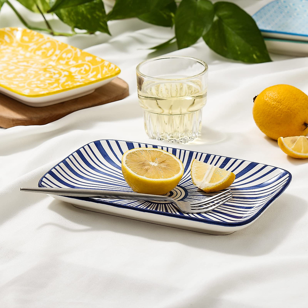 KitchenTour Rectangular Serving Platter, 9.5 inch Appetizer Plates Ceramic Dinner Plates Serving Trays Set of 6 for Salad, Sushi, Fruit, Microwave and Dishwasher Safe