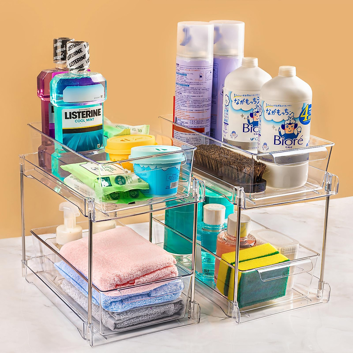 Zero Zoo 4Pack 2-Tier Bathroom Storage Organizer, Clear Under Sink Organizers Kitchen Vanity Counter Storage Container, Medicine Cabinet Drawers Bins, Pull-Out Organization with Track for Pantry