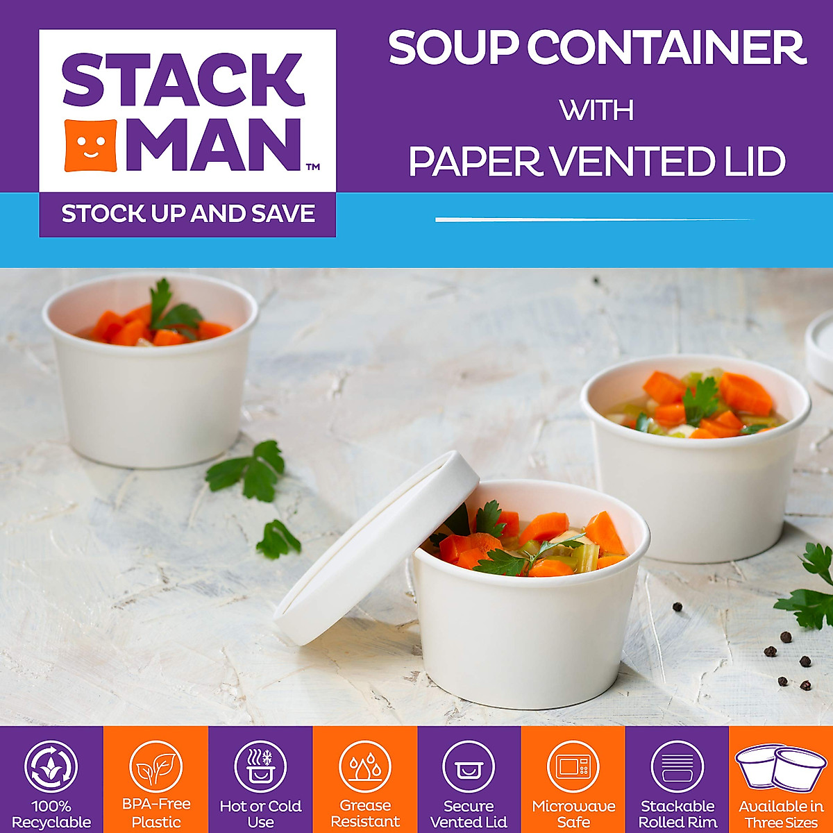 [8 oz. - 50 Sets] Paper Food Container with Lid, Insulated Paper Food Cup with Paper Vented Lid, Hot or Cold to Go Containers, Soup Container, Ice Cream Cup, Yogurt Cup, Eco-Friendly White Container