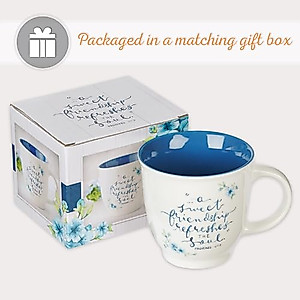 Christian Art Gifts Ceramic Coffee/Tea Mug 14 oz Blue Floral Friendship Mug | A Sweet Friendship Refreshes The Soul Proverbs 27:9 Encouraging Friendship Mug for Women Microwave/Dishwasher Safe