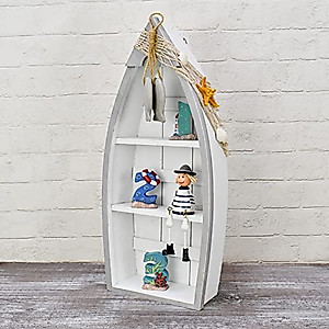 Linfevisi Wood Boat Shelf Decor Beach Theme Standing Boat Shelf Wooden Boat Decor Boat Book Shelf Nautical Decor Standing Boat Display with Net Starfish Seashell Accent Home Decor for Bathroom 16.5"