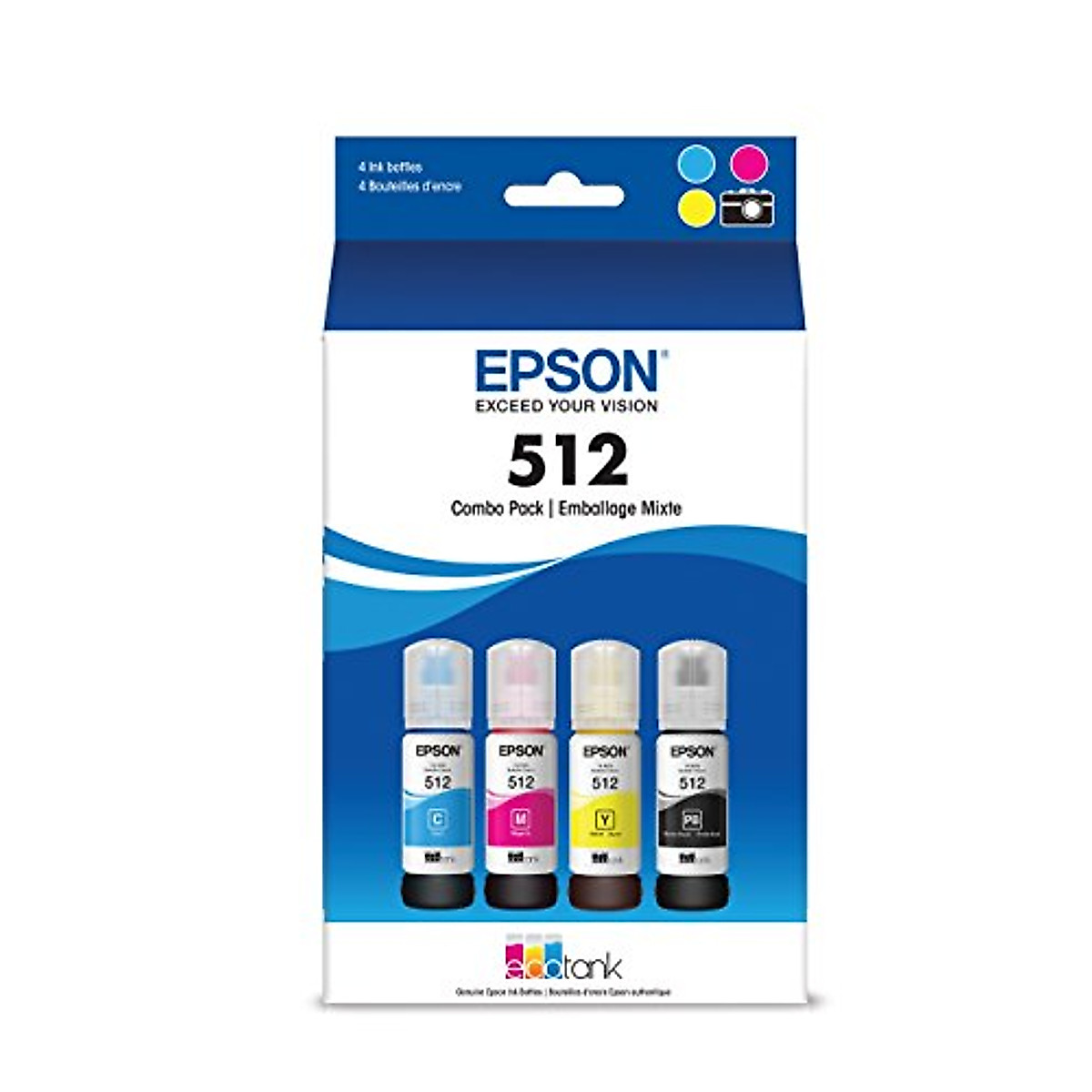 EPSON T512 EcoTank -Ink Ultra-high Capacity Bottle Color Combo Pack (T512520-S) for select Epson EcoTank Printers, Cyan/Black/Magenta/Yellow
