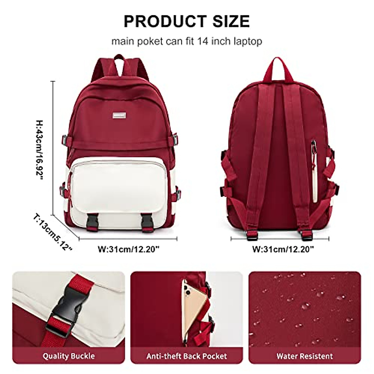 weradar Middle School Backpack For Teen Girls,Cute College Backpack For Women Men,Waterproof Travel Rucksack Casual Daypack,High School Bookbags Boy,Kawaii Students Bag(Red)