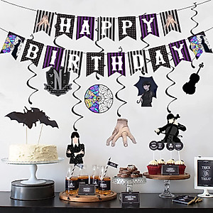 Wednesday Birthday Decorations Wednesday Happy Birthday Banner with Hanging Swirls Black and Purple for Kids Birthday Party Decorations Gothic Birthday Banner for Wednesday Party Supplies