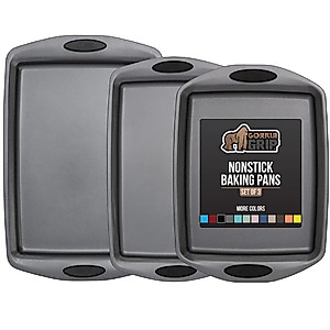 Gorilla Grip Non Stick Jelly Roll Baking Pans, Thick Warp Proof, 3 Piece, Durable Silicone Handles, Kitchen Oven Pan Bakeware Set, Cooking, Roasting Sets, Easy Clean, Set of 3, Black