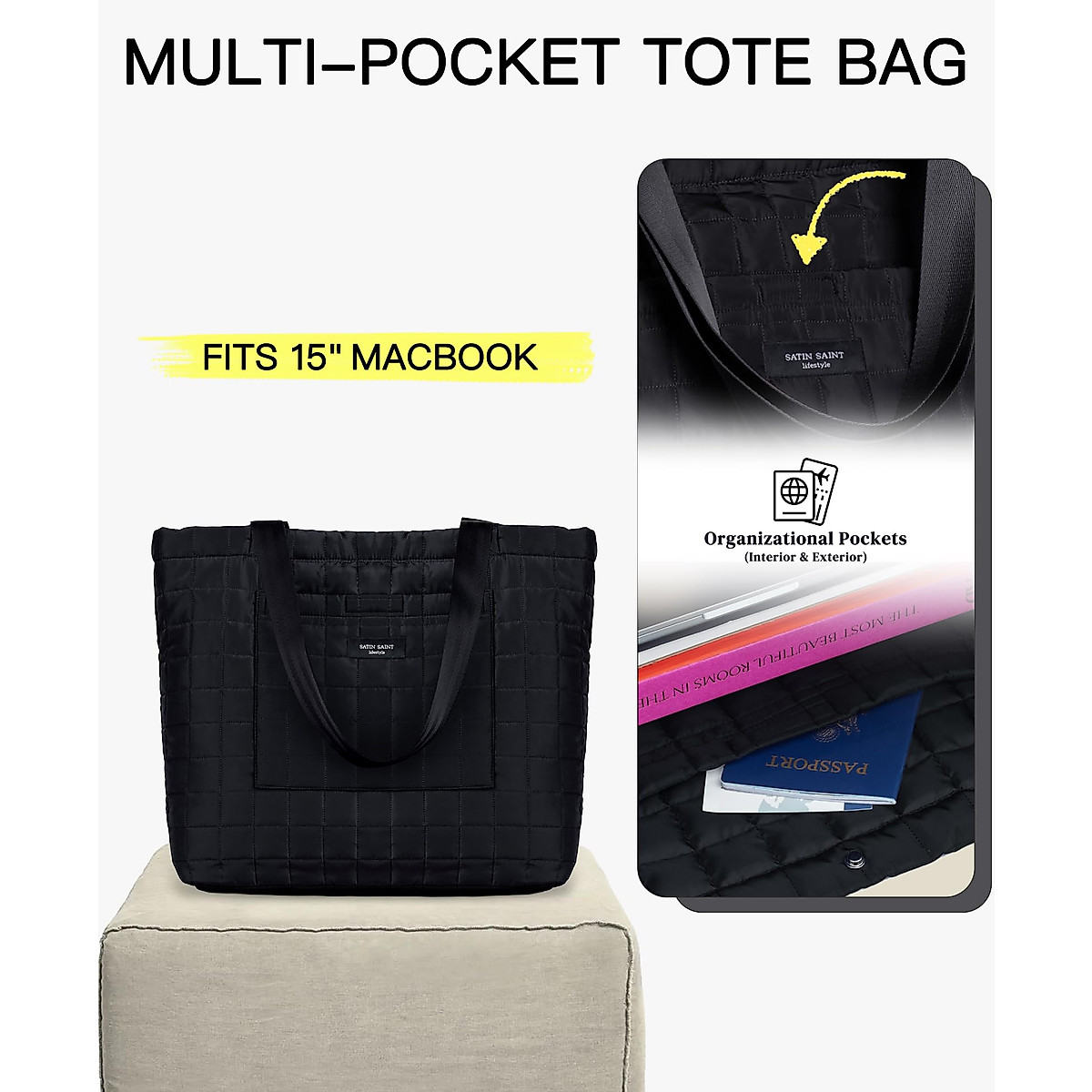 SATIN SAINT lifestyle Large Tote Bag for Women, Travel Tote Bag, Laptop Bag Handbag, Shopping Bag, Lightweight Shoulder Bag for Yoga Gym