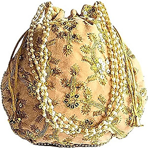 Eyesart Fashion Potli Bag For Women Ethnic Designer Embroidery Ethnic Velvet Potli bag Ladies Handbag Purse for Bridal Party wedding and Gifting Batwa Pearls Handle With Intricate (Cream)