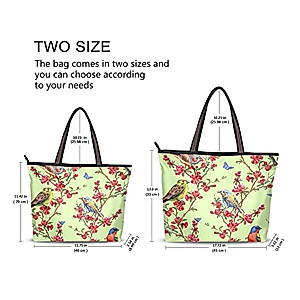 Flower Tote Bag with Zipper Long Handles Bird Floral Handbag Shoulder Bag