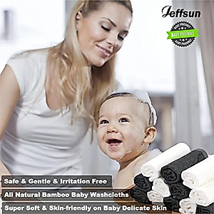 JEFFSUN Natural Bamboo Baby Washcloths, Heavenly Soft Wash Cloths for Washing Face and Body, Super Gentle & Safe Bath Towels, (10 X 10 inch - Pack of 12, White & Gray)