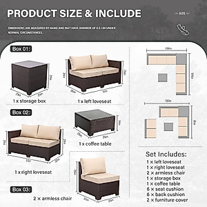 6 Pieces Patio PE Wicker Furniture Set Outdoor Brown Rattan Sectional Conversation Sofa Chair with Storage Table and Beige Cushions