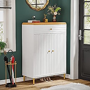 Tribesigns Shoe Cabinet for Entryway, 5-Tier Modern Shoe Rack with Doors and Drawer, Wooden Shoe Storage Cabinet with Adjustable Shelves, Freestanding Shoe Organizer for Hallway Closet Bedroom(White)