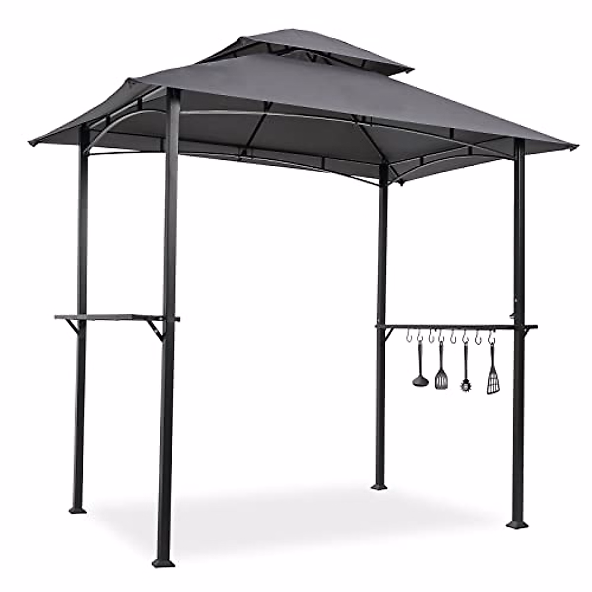 Outdoor Grill Gazebo - Patio Canopy Tent - Shelter Tent with Double Tier Soft Top - Steel Frame Barbecue Canopy with Hook and Bar Counters - 10 Pegs and 1 Bottle Opener - 8 x 5 Ft - Grey