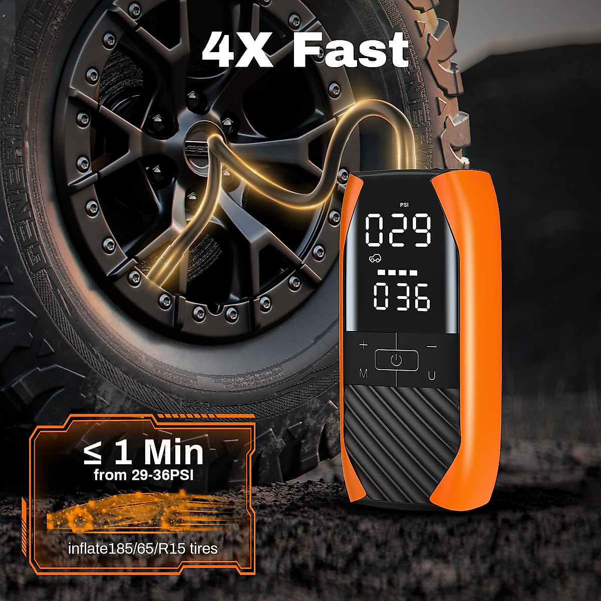 Kapopop K1 Tire Inflator Portable Air Compressor,4X Faster 150PSI & 20000mAh Cordless Air Pump for Car Tires,Bikes,Motorcycles & Balls,with Pressure Gauge,LCD Display,Emergency LED Light,Auto Shut-Off