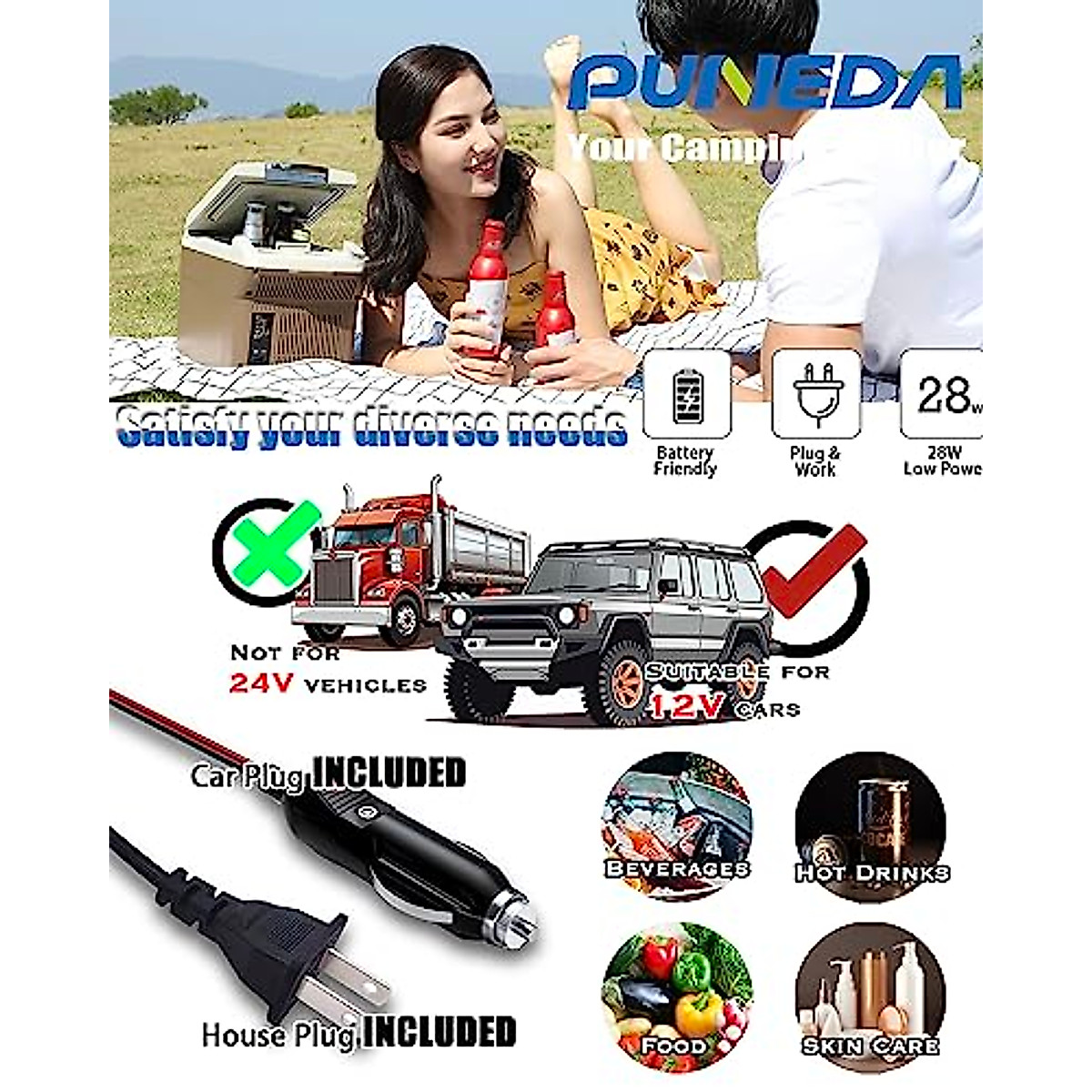 PUNEDA 12V Car Refrigerator Cooler/Warmer 8 Quart (9L) 41℉~149℉,12 Volt DC &110V AC, Electric Car Fridge Portable Compact Camping Cooler Thermoelectric 12V Small Fridge for Car,RV,Camping (Old)