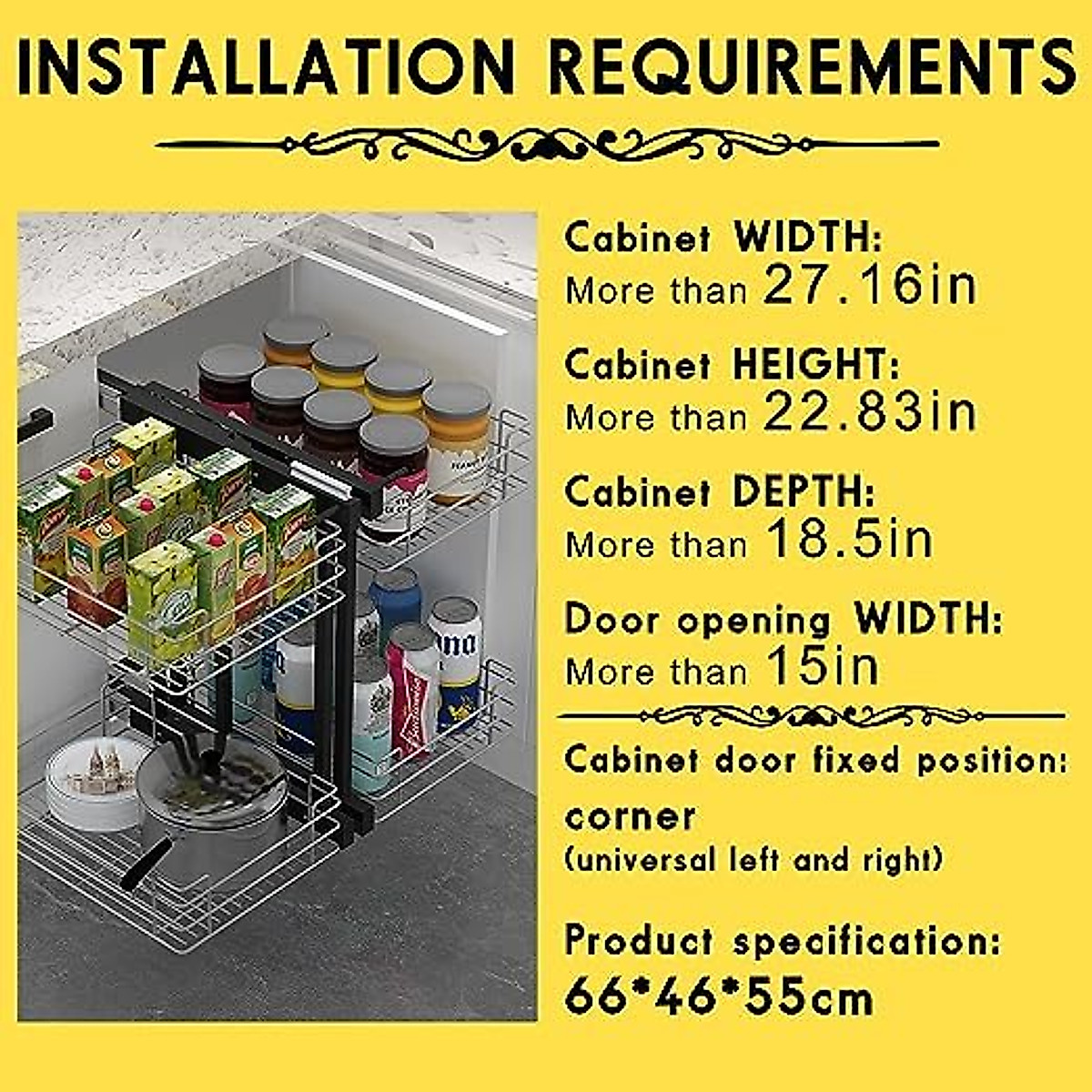 Blind Corner Cabinet Pull Out, 15in Opening Soft Close Heavy Duty Kitchen Corner Cabinet Organizer, 4 Chrome Plated Storage Baskets, for cabinets Minimum Size: 18.89" D*27.16" W*22.83" H