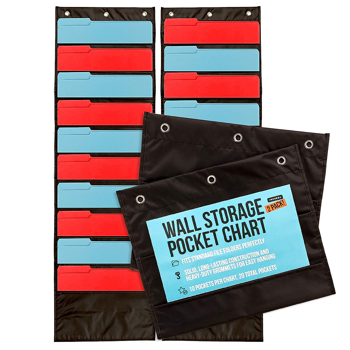 2-Pack Premium Wall Storage Pocket Charts/Hanging Folder Organizers - Black, 10 Pockets Per Piece (20 Total Pockets) - The Ideal Pocket Chart for Classroom, School or Office Use - by Impresa