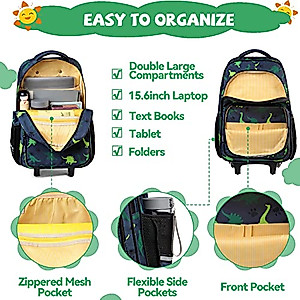 VASCHY Rolling Backpack Kids, 17in Water Resistant Large Bookbag Carry-on Travel Trip Bag with Wheels for Boys Girls Green