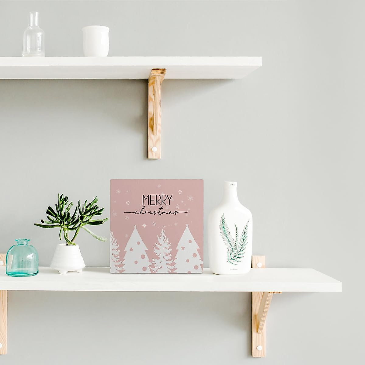 kunlisa Pink Christmas Wooden Box Signs,Pink Christmas Sign,Pink Christmas Decorations,Christmas Tree Sign,Merry Christmas Sign,Christmas Signs for Home Decor 5x5 Inch