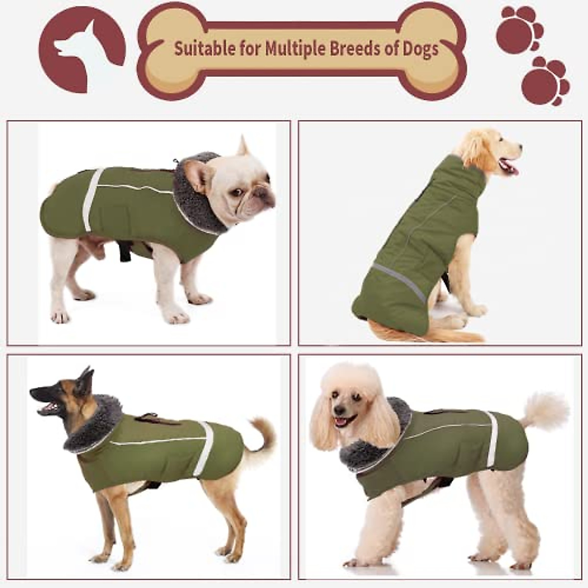 Doglay Dog Winter Coat with Thicken Furry Collar, Fleece Lining Reflective Warm Dog Jacket, Waterproof Adjustable Dog Clothes for Cold Weather, Soft Puppy Vest Apparel for Small Medium Large Dogs
