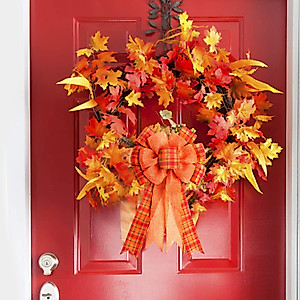 3Pcs Large Fall Thanksgiving Wreath Gift Bow -18.8x10.6inch Orange Buffalo Plaid Check Wreath Swag Bow Wreath Pre-Tied Bow for Fall, Thanksgiving, Christmas, Home Indoor Outdoor Ornaments