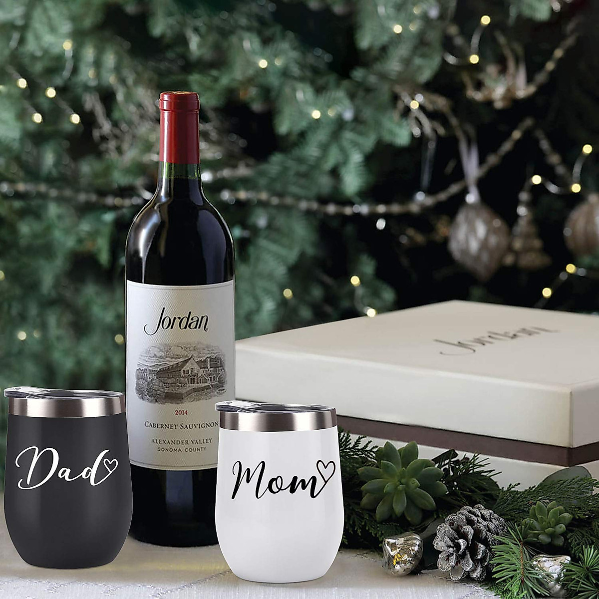 Mom and Dad Wine Tumbler Set, Funny Christmas Gifts for New Parents New Pregnancy New Dad New Mom Anniversary Birthday, Stainless Steel Insulated Wine Tumbler with Lid(12oz, Black and White)