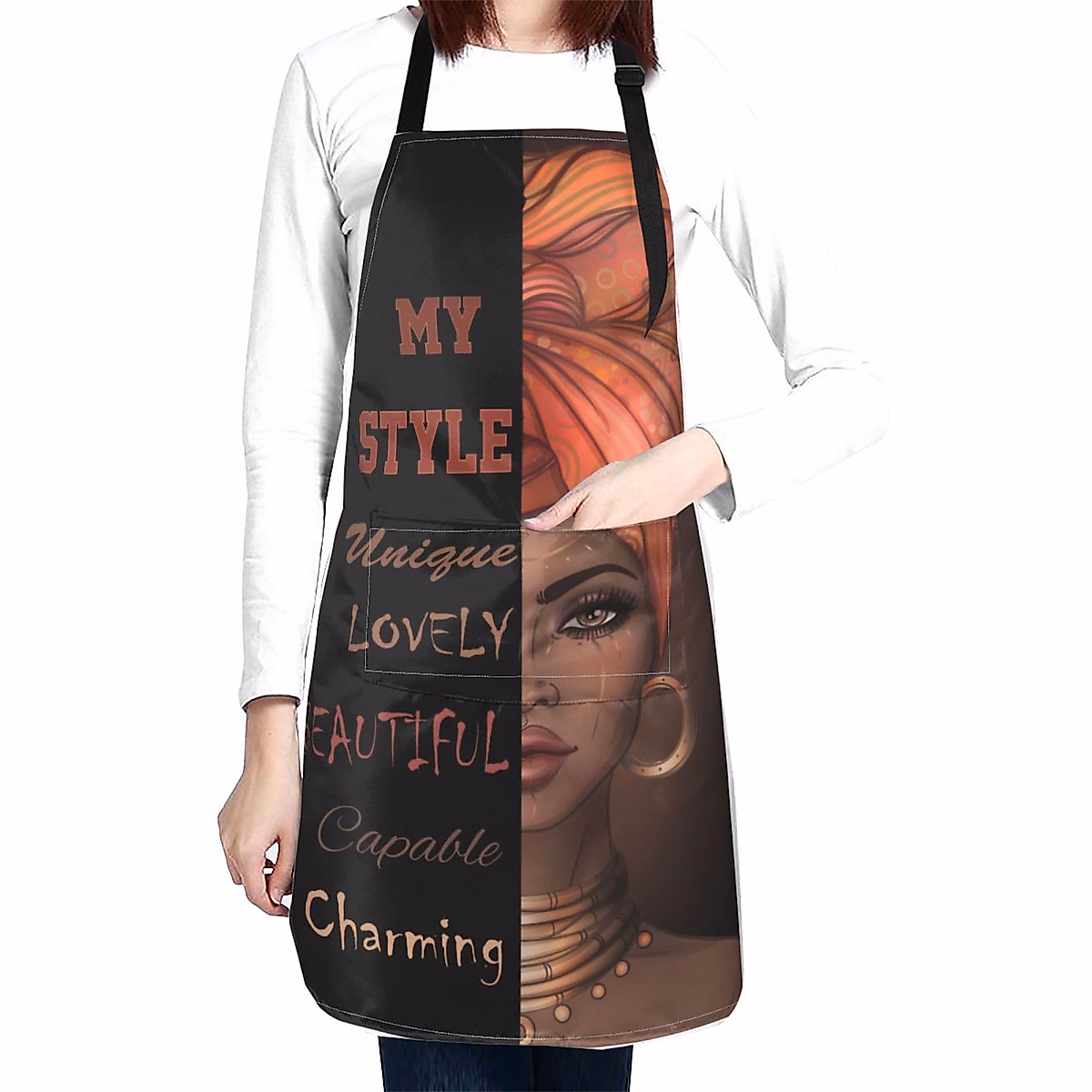 Perinsto African American Black Woman Waterproof Apron With 2 Pockets Personalized Kitchen Chef Aprons Bibs For Cooking Baking Painting Gardening Grooming