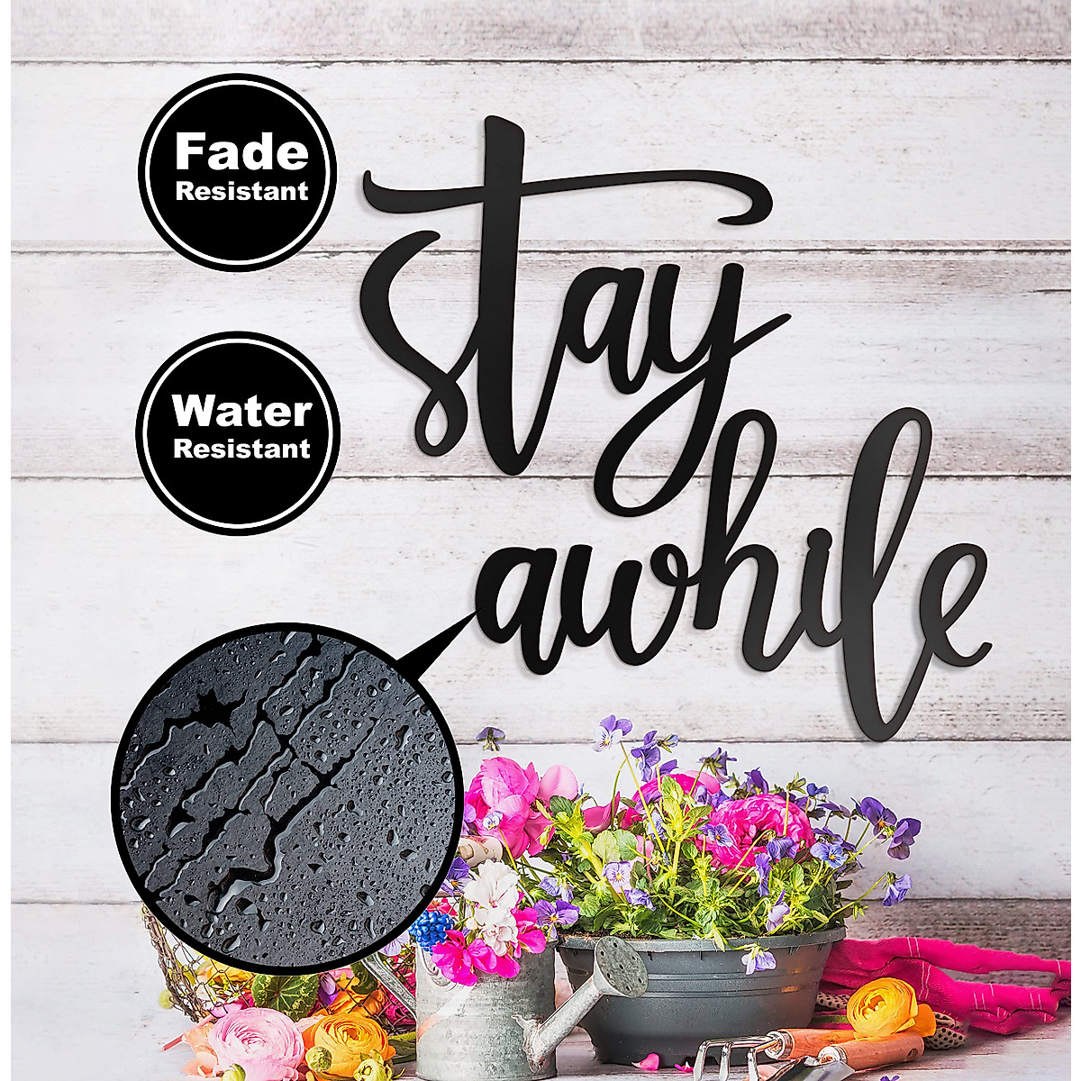 Vivegate Stay Awhile Metal Wall Art Sign - 2 Pieces Black Stay Awhile Wall signs for Home Wall Decor Entryway Wall Decor (Medium - 28"X12")