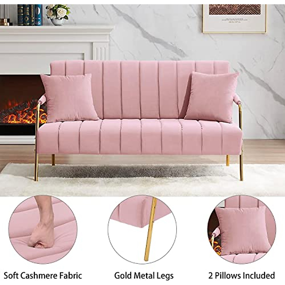 Majnesvon 61" Modern Velvet Loveseat Sofa,Upholstery Love Seat Couches with Tufted Backrest,Golden Metal Legs,Accent Sofa for Living Room Bedroom Apartment Office (Pink)