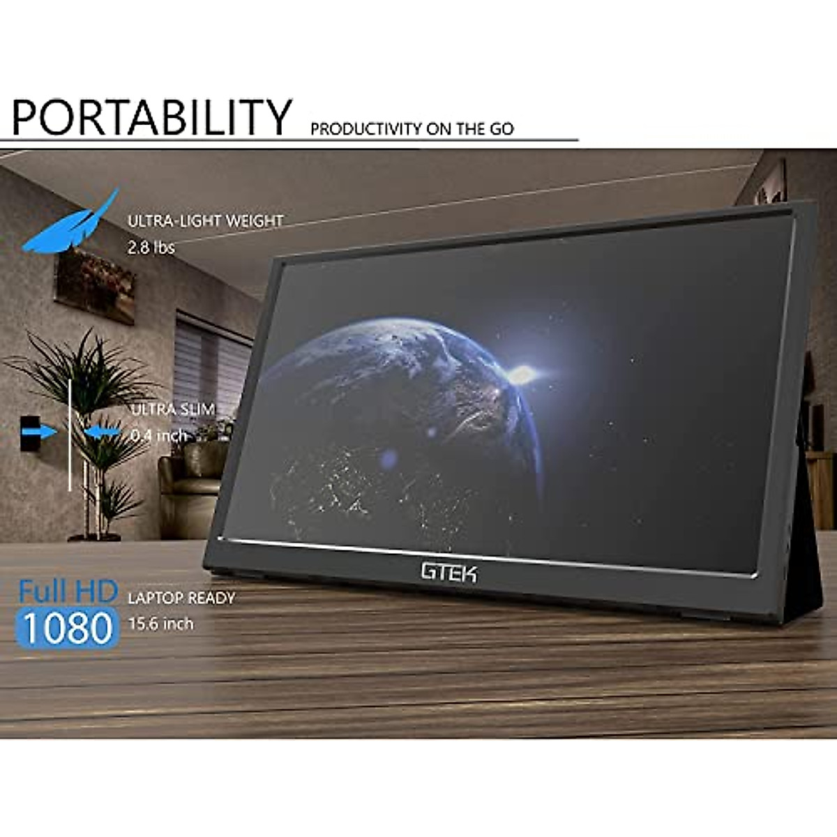 GTEK Portable Monitor 15.8 Inch IPS Full HD 1920 x 1080P Screen with Speaker, Second Dual Computer Display, Wider Than 15.6 Inch, External Travel Monitor for MacBook Laptop PC, Includes Smart Cover