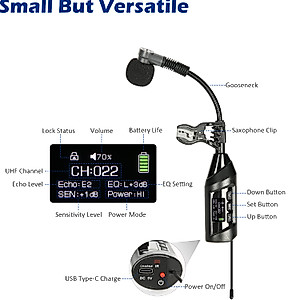SGPRO Wireless Saxophone Microphone System, Clip-On Instrument Microphone for Sax and Trumpet, Preset EQ & Echo Level 196 Ft Transmission Rechargeable Compact Transmitter and Receiver 4.5 Hours