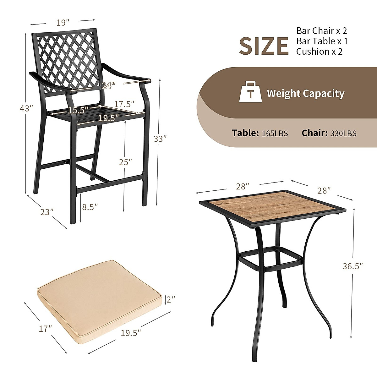 Tangkula 3 Piece Patio Bar Bistro Set, Outdoor Bar Height Stool & Table, Ergonomic Seat with Comfortable Cushion, Reinforced Steel Structure, Outside Dining Set for Poolside, Backyard (Beige)